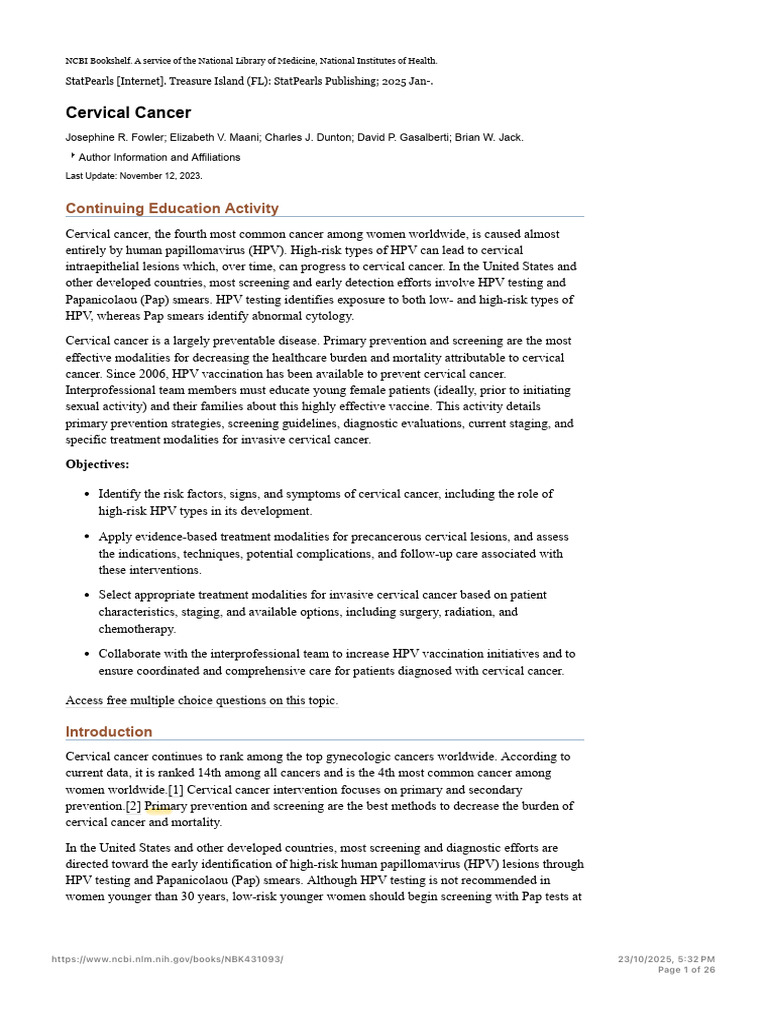 Cervical Cancer - StatPearls - NCBI Bookshelf | PDF | Cervical Cancer ...
