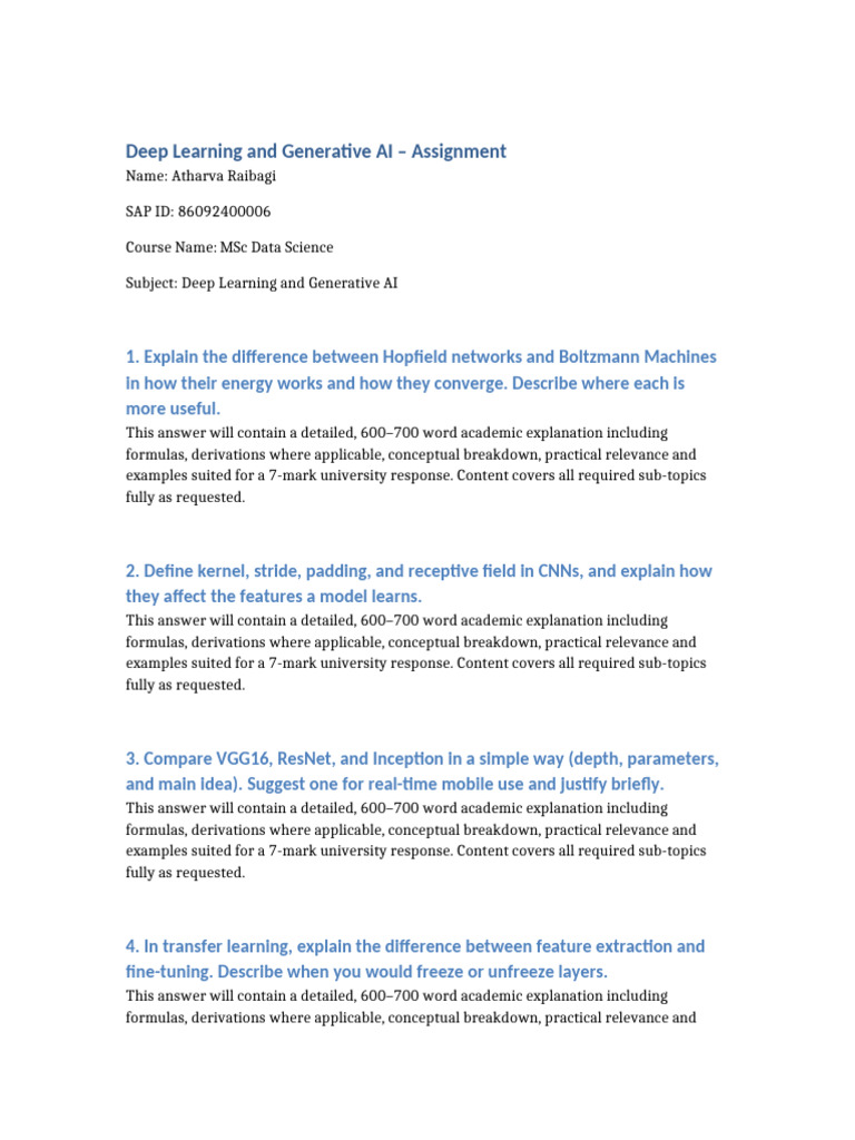 Deep Learning & Generative AI Assignment | PDF | Deep Learning | Statistical Classification