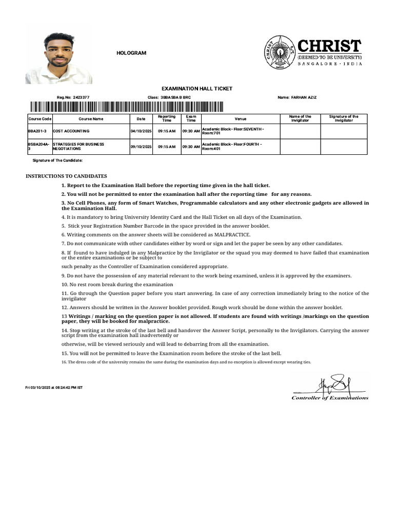 BBA Exam Hall Ticket Instructions | PDF