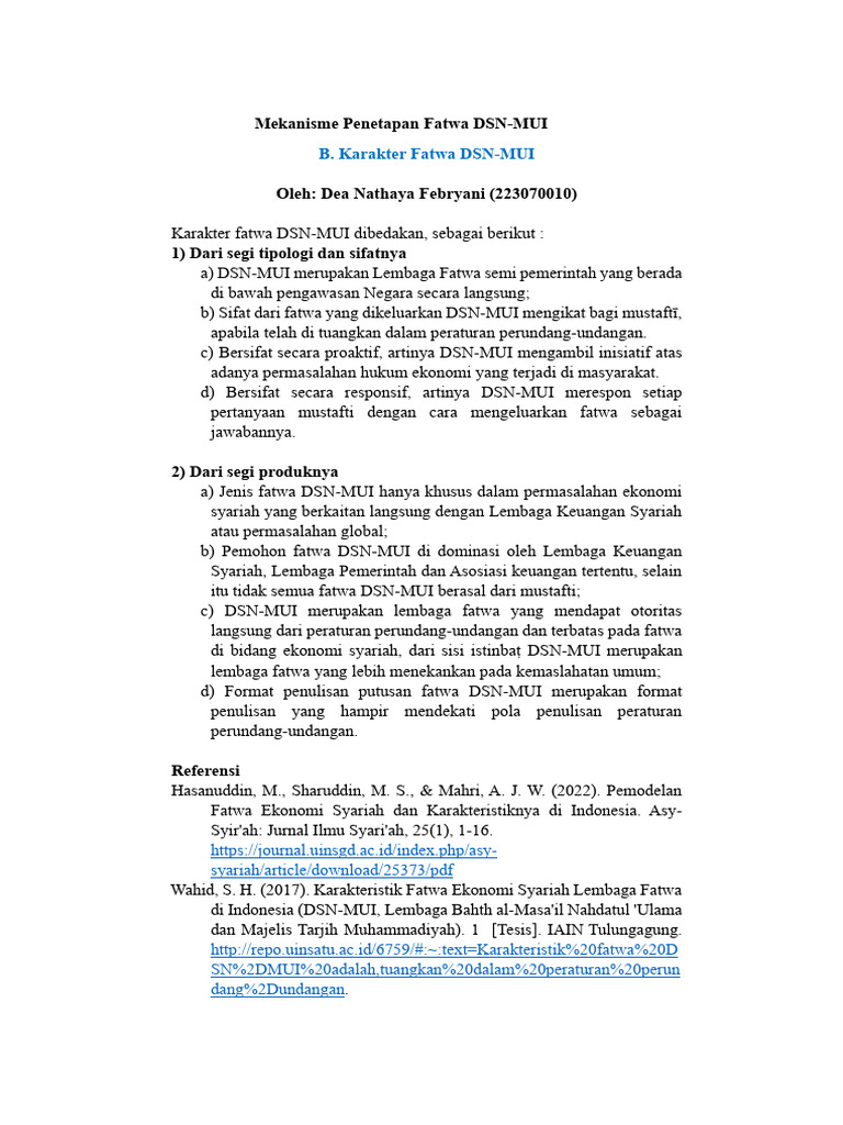 Dea Nathaya - Karakteristik Fatwa DSN MUI | PDF