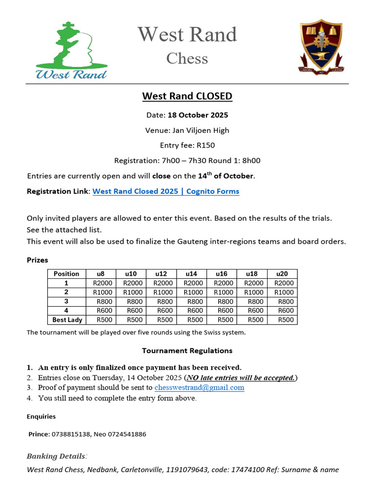 West Rand Chess Closed 2025 Event | PDF