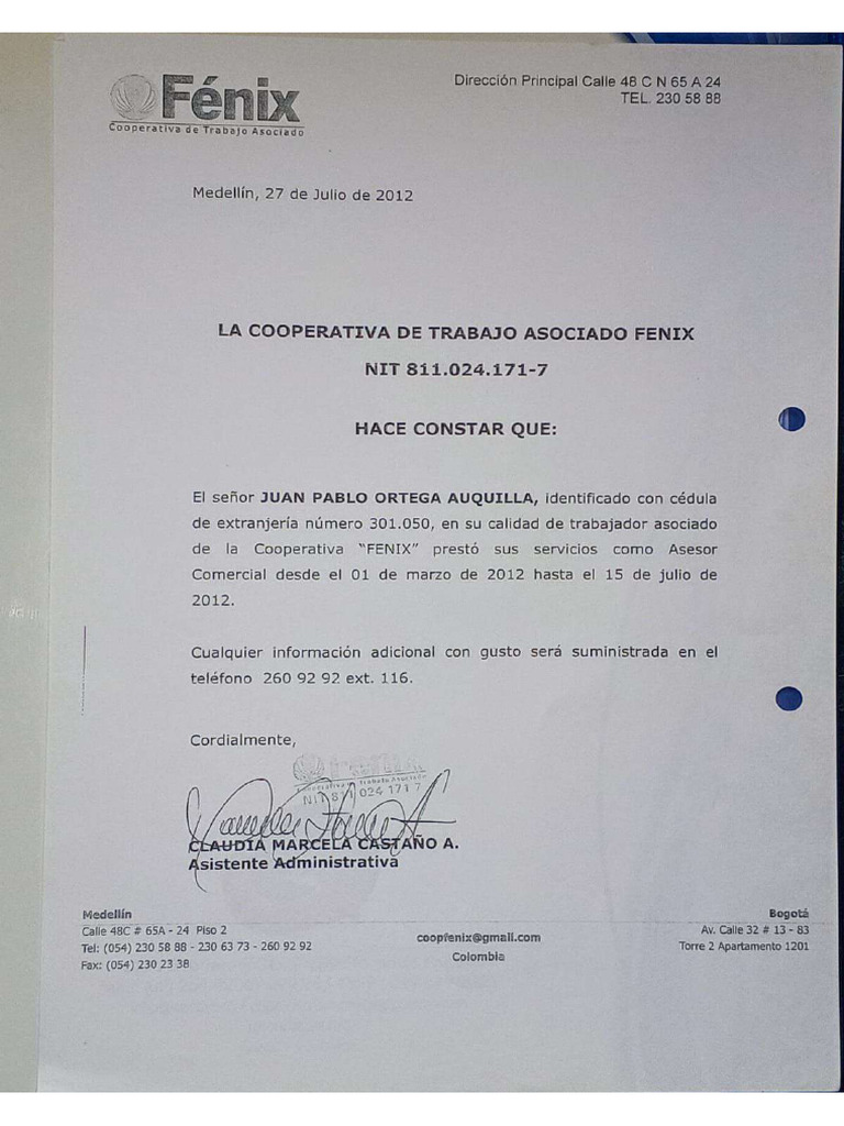 Certificados Laborales Juan Pablo Ortega Auquilla | PDF