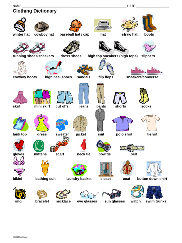 Clothing - Picture Dictionary - Small Clipart With Names | PDF