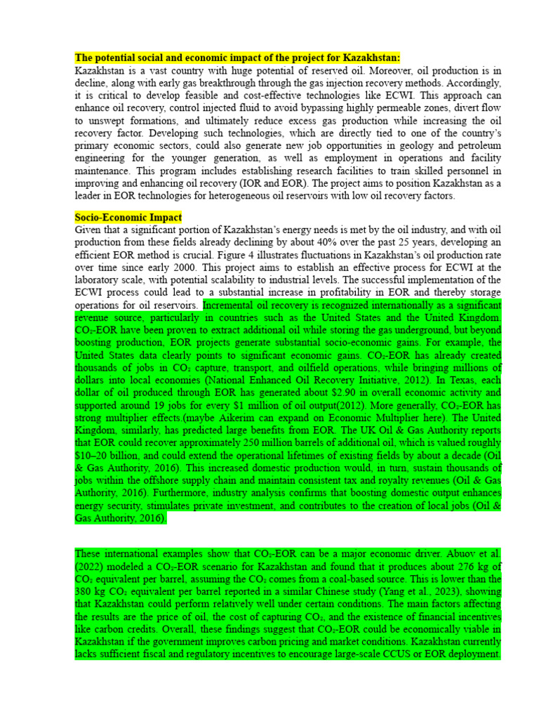 The Potential Social and Economic Impact of The Project For Kazakhstan ...