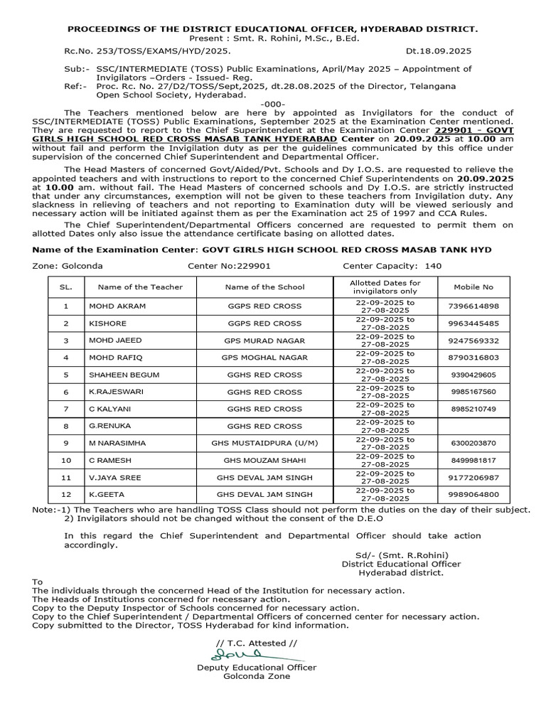 Appointment of TOSS Invigilators 2025 | PDF