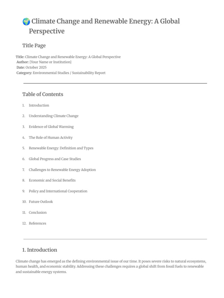 Climate Change and Renewable Energy - A Global Perspective | PDF ...