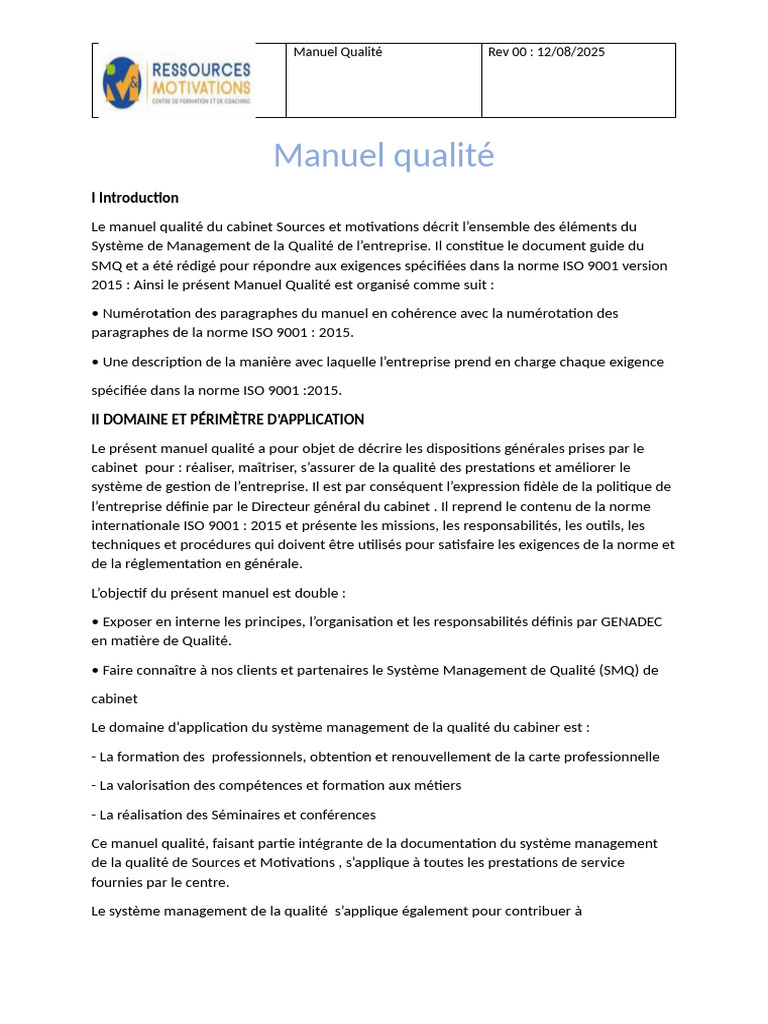 Manuel Qualité ISO 9001:2015 Sources et Motivations | PDF | Management ...