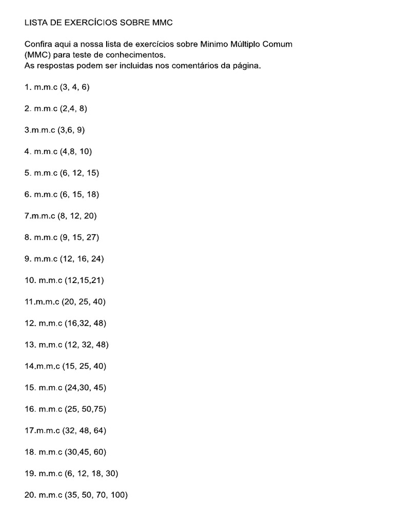 Lista de Exercícios Sobre Mmc | PDF