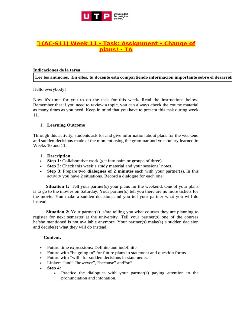 ? (AC-S11) Week 11 - Task Assignment - Change of Plans! - TA (INGLES 4 ...