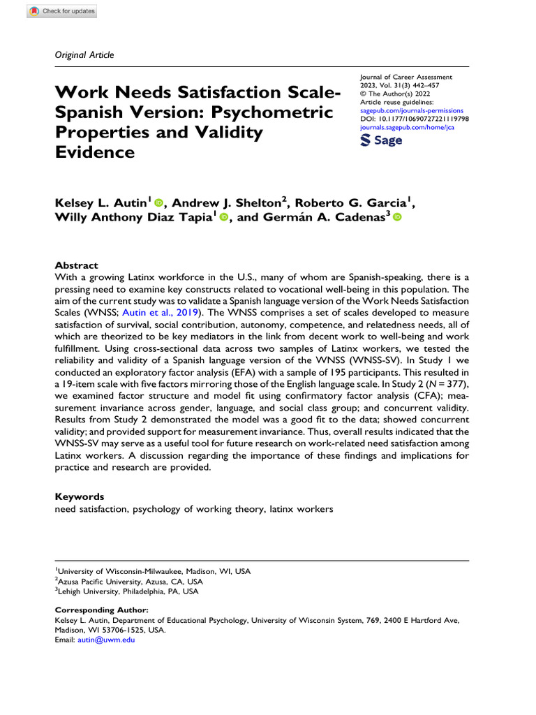 Autin Et Al 2022 Work Needs Satisfaction Scale Spanish Version ...