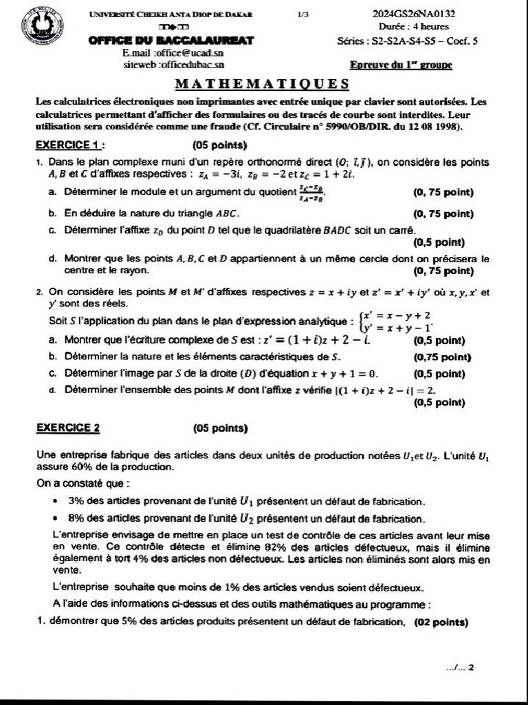 Bac 2024 Mathématiques Sénégal | PDF