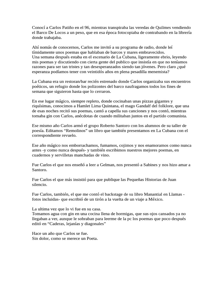 Recuerdos de Carlos Patiño, Poeta y Mentor | PDF