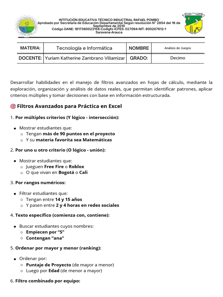 Filtros Avanzados en Excel para Estudiantes | PDF | Microsoft Excel ...