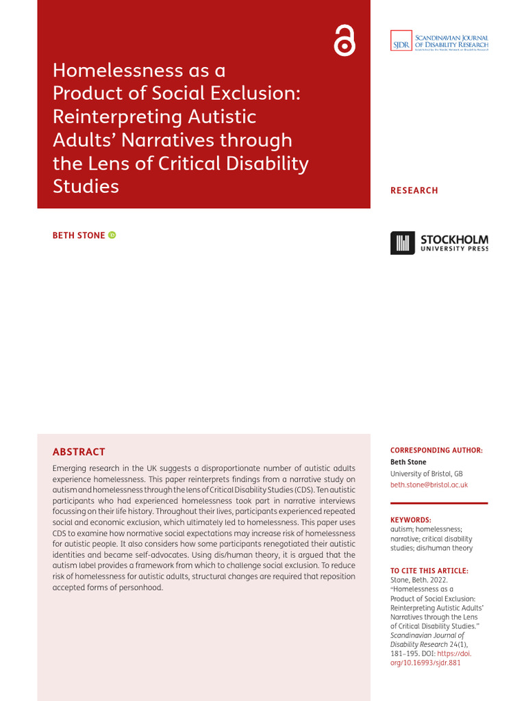 Autism and Homelessness: A CDS Perspective | PDF | Autism | Substance Abuse
