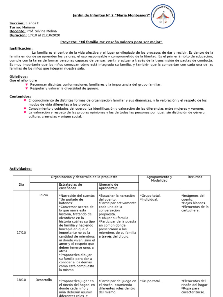 Proyecto de La Familia Montessori 2022 | PDF | Educación de la primera ...