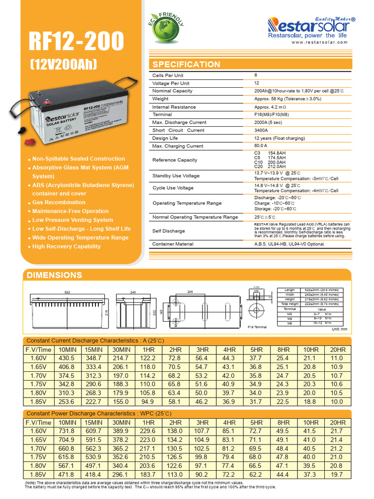 RF12-200 Battery Specifications and Performance | PDF | Electricity ...