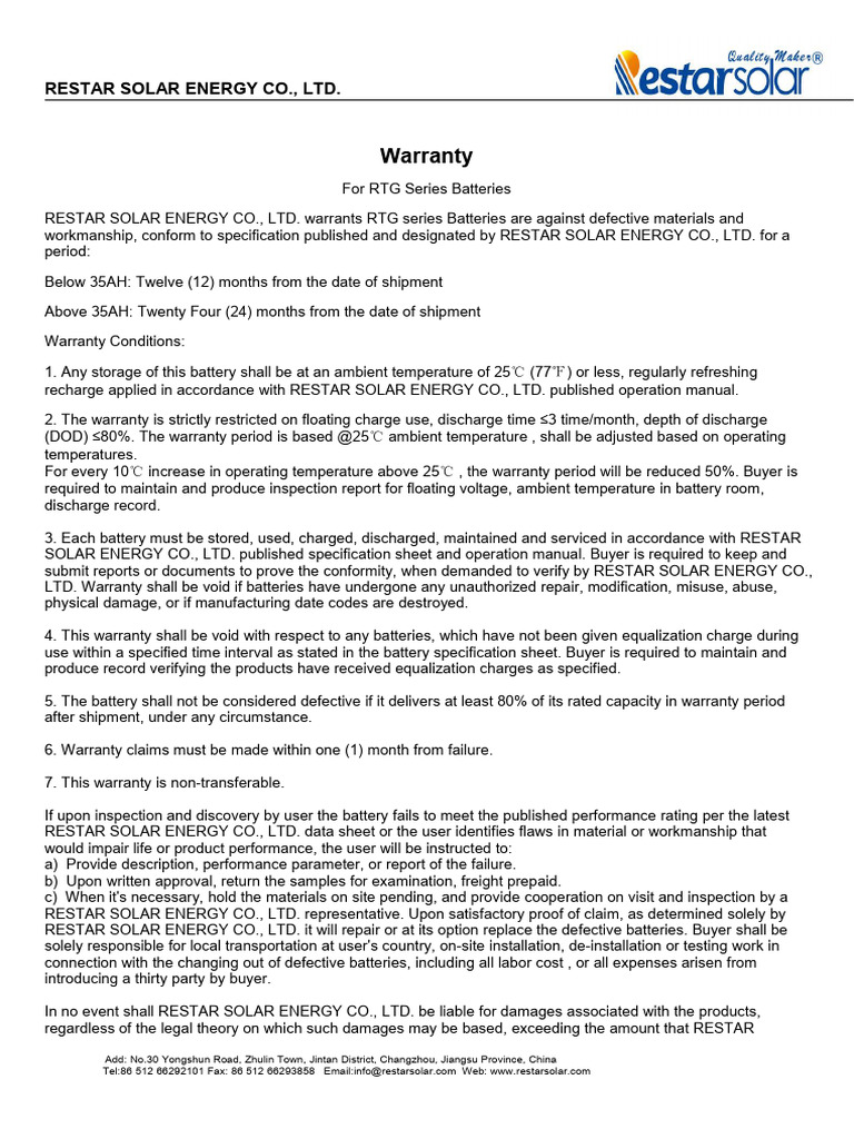 RTG Series Battery Warranty Details | PDF