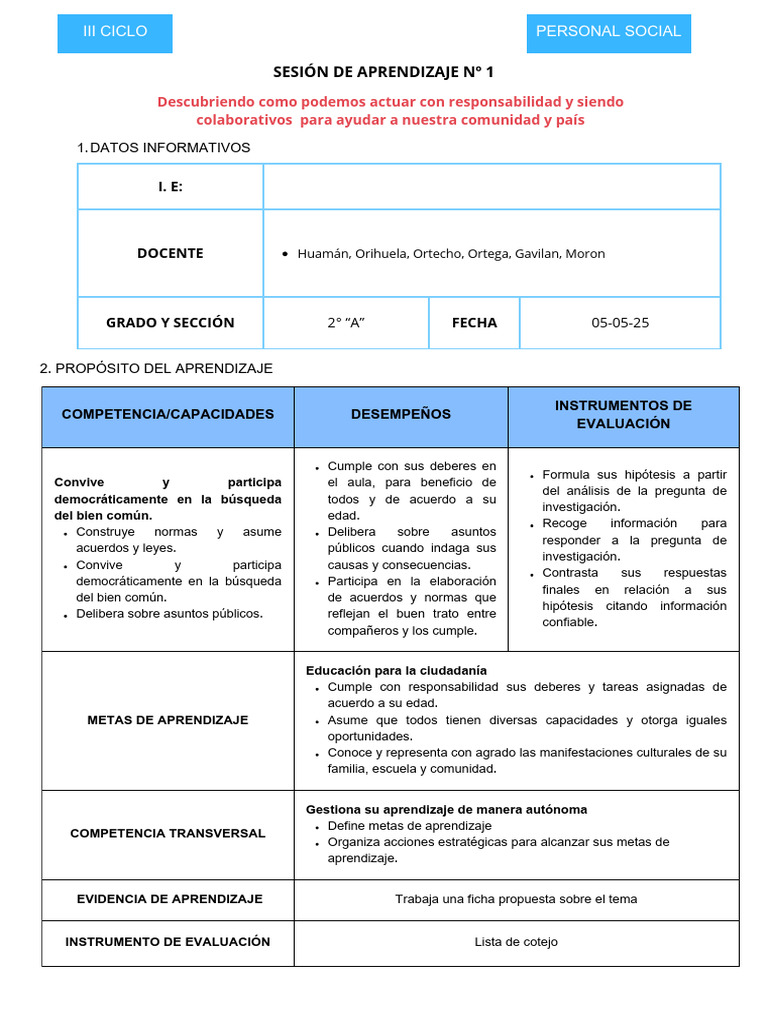 Sesion de Aprendizaje - 20250505 - 081000 - 0000 | PDF | Aprendizaje | Evaluación