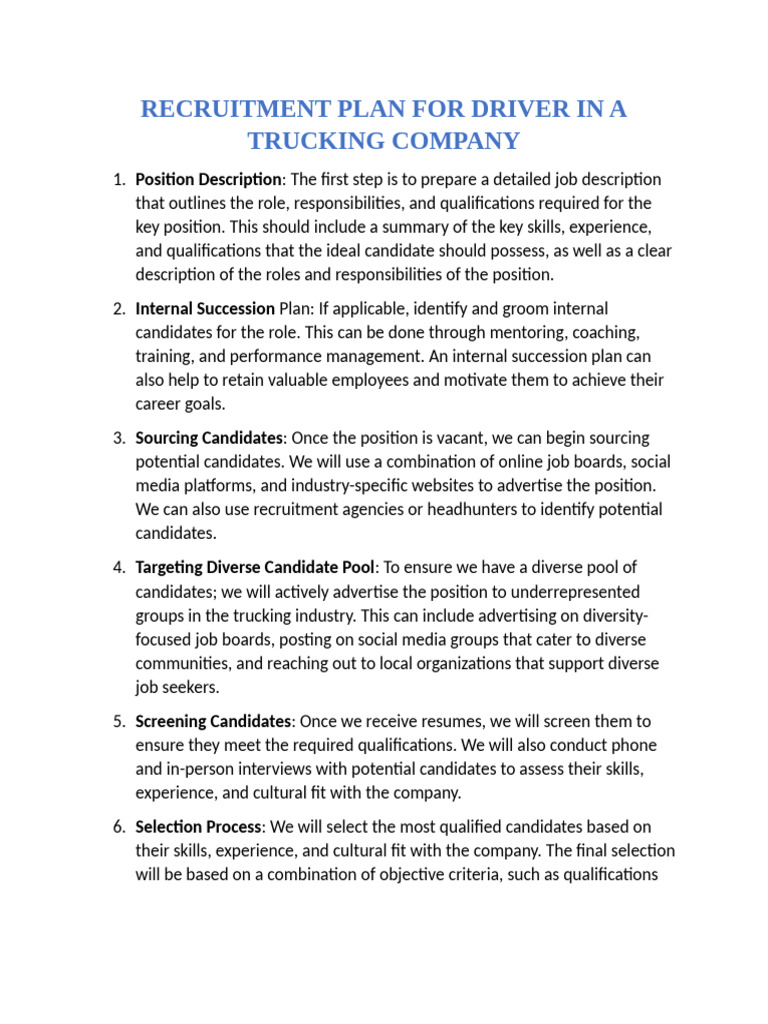 Recruitment Plan For Driver in A Trucking Company | PDF | Recruitment ...