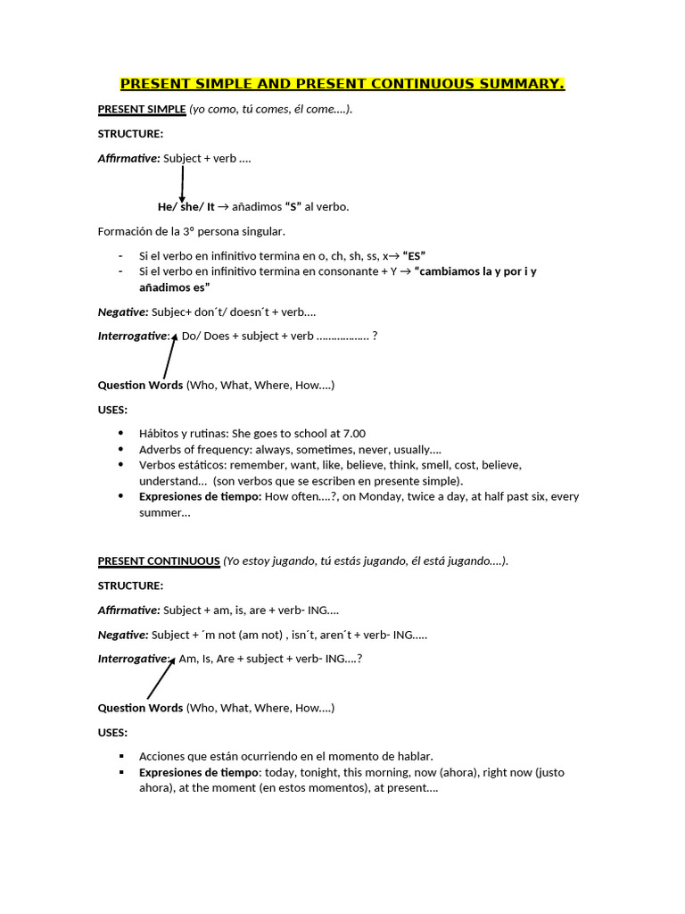 Resumen de Presente Simple y Continuo | PDF