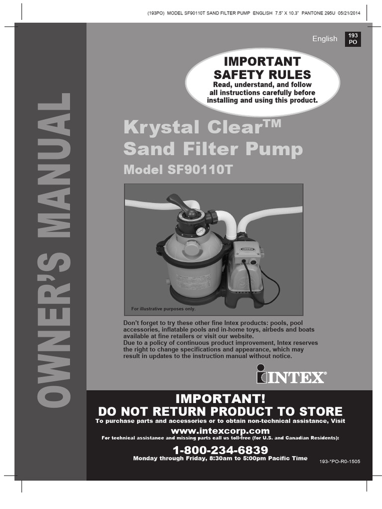 Intex SF90110T Sand Filter Pump Manual | PDF | Filtration | Equipment