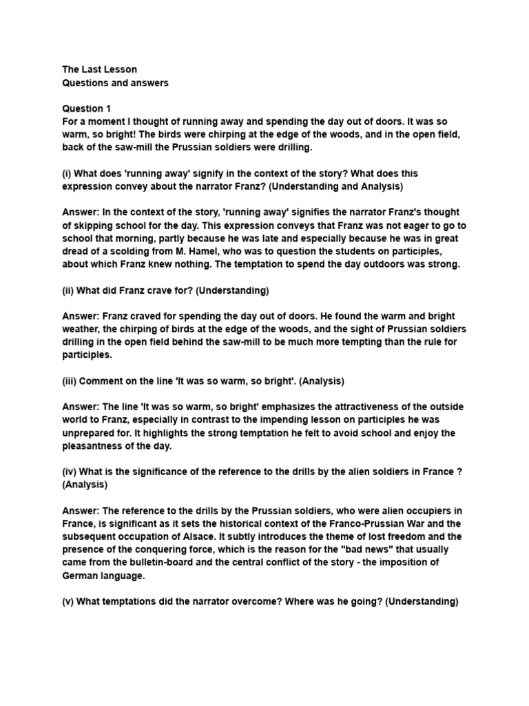 The Last Lesson. Questions & Answers. CL 10 | PDF