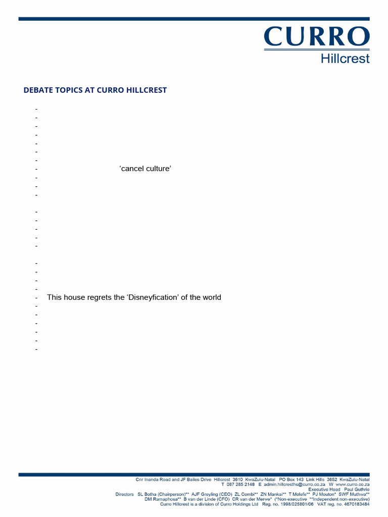 Curro Hillcrest Debate Topics List | PDF