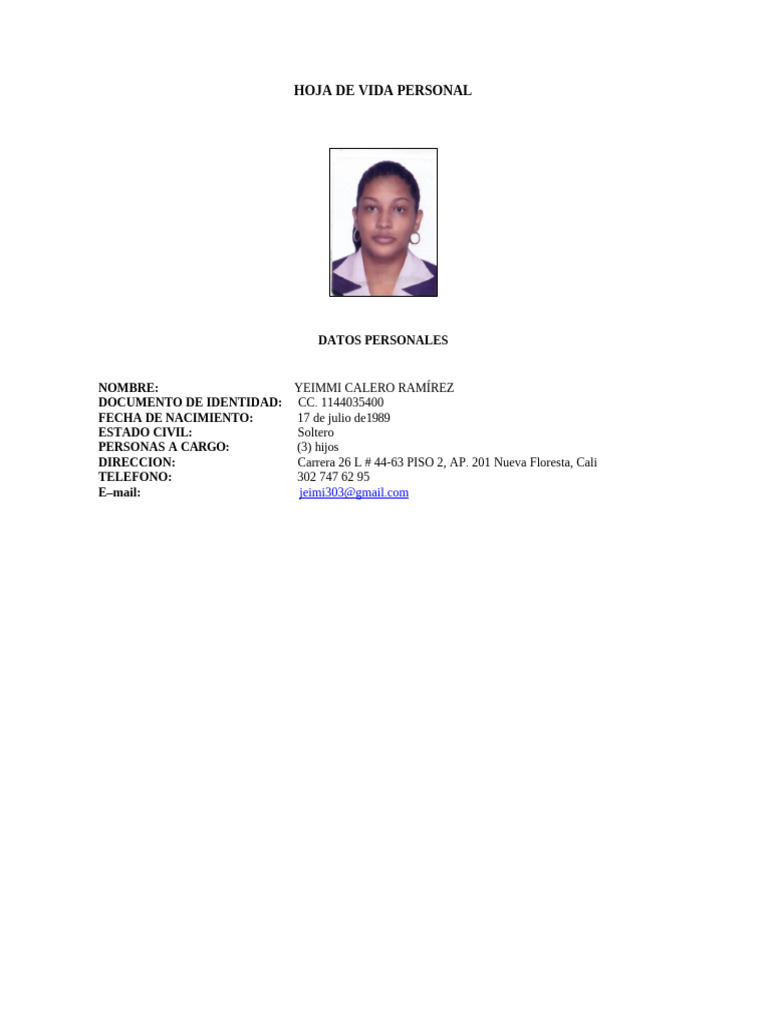 Hoja de Vida Yeimmi Calero Ramirez 2020 | PDF