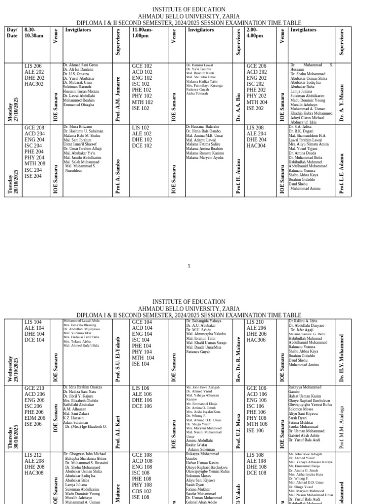 ABU Zaria Diploma Exam Timetable 2025 | PDF