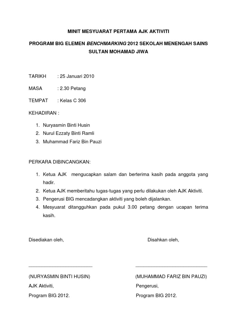 Sample Minit Mesyuarat | PDF