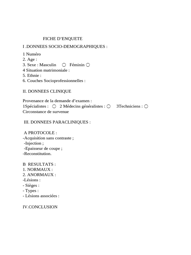 Fiche d'enquête clinique et paraclinique | PDF