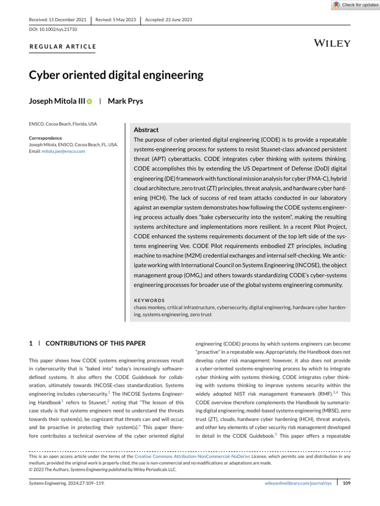 Systems Engineering - 2023 - Mitola - Cyber Oriented Digital ...