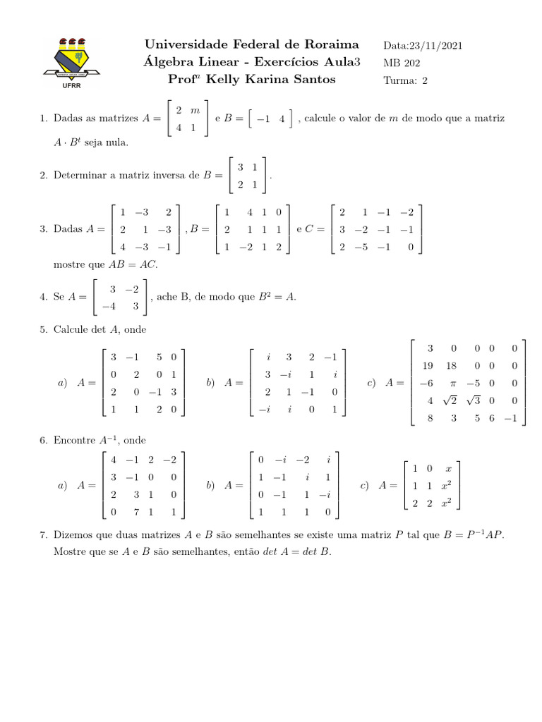 Exercícios de Álgebra Linear UFRR | PDF | Álgebra | Objetos matemáticos