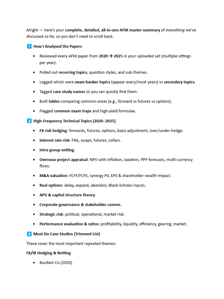 AFM Cheat Sheet Sep 2025 | PDF | Capital Structure | Mergers And ...