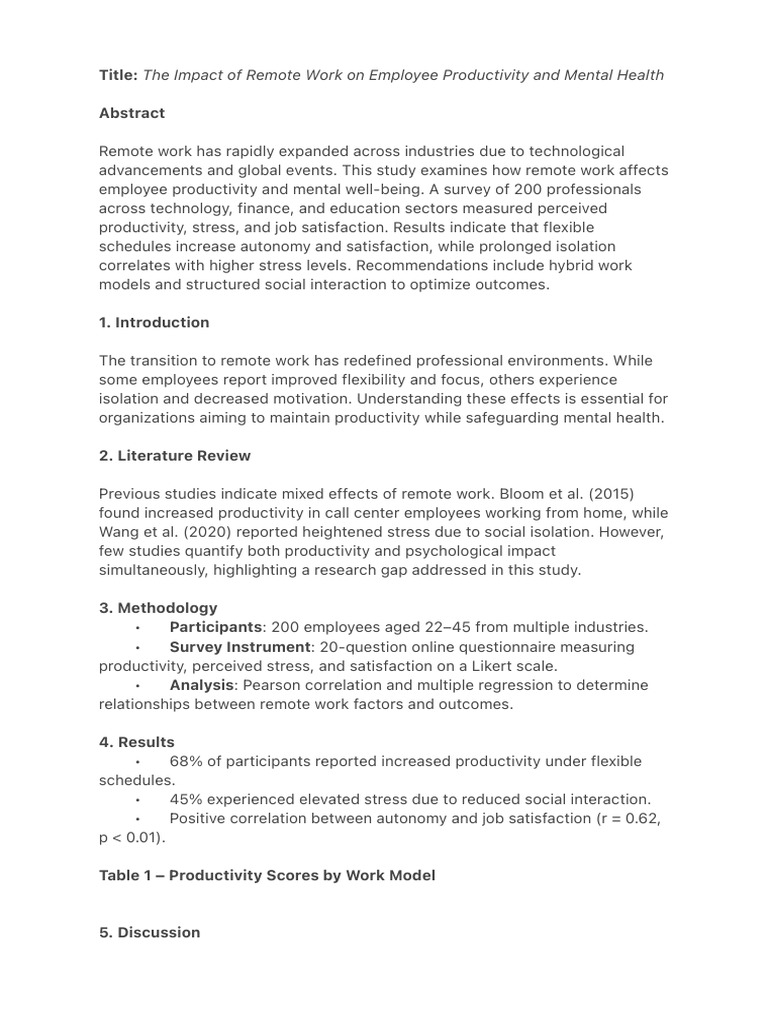 The Impact of Remote Work On Employee Productivity and Mental | PDF ...