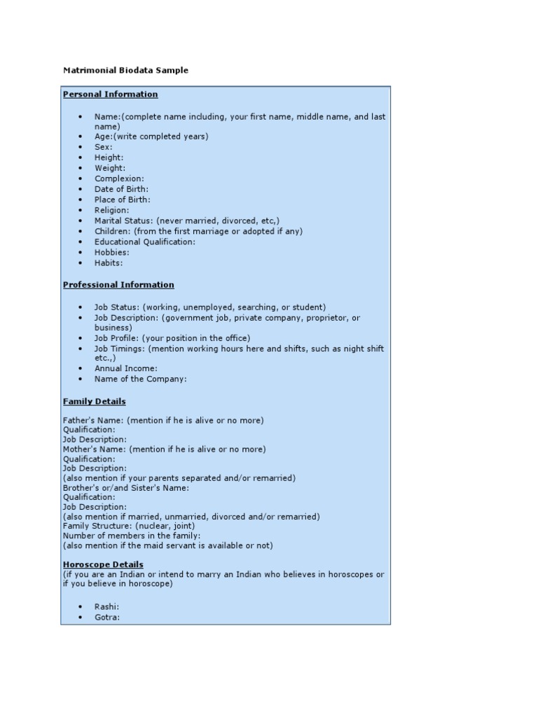 Matrimonial Biodata Format Guide | PDF | Marriage | Marriage, Unions ...