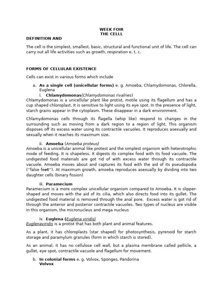 Cell, Cell and Its Environment, Some Properties of The Cell, Nutrition ...