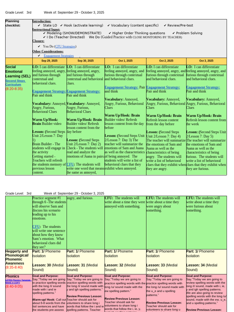 Completed 9-29-25!10!3 - 25 Third Grade Lesson Plan | PDF | Reading ...