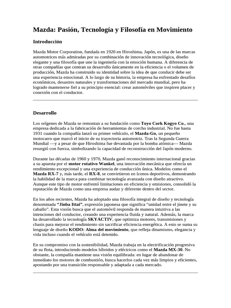 Mazda: Innovación y Pasión Automotriz | PDF | Vehículo de motor | Vehículos