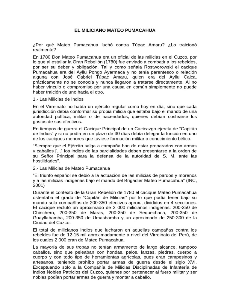 El Miliciano Mateo Pumacahua | PDF | Militar