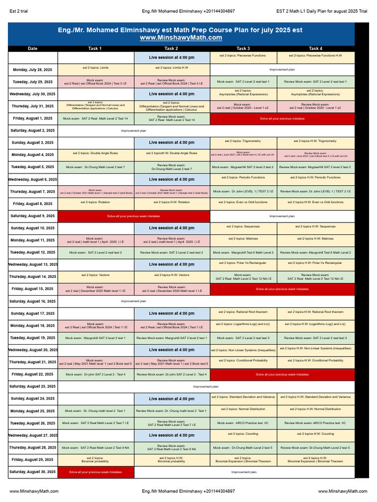 EST 2 Math L1 August 2025 Plan | PDF | Sat | Mathematics