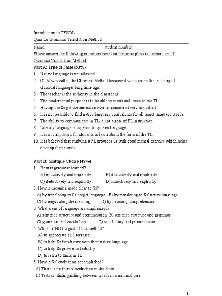 Grammar Translation Method Quiz | PDF | Psycholinguistics | Applied ...