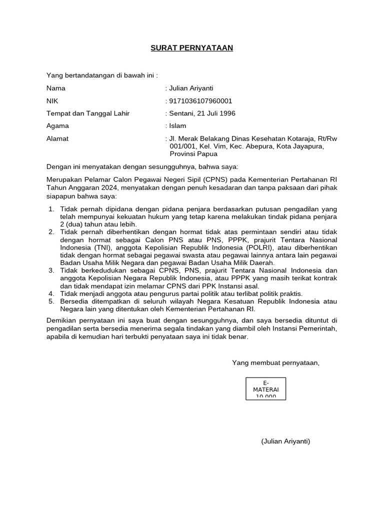 Surat Pernyataan CPNS Kementerian Pertahanan | PDF