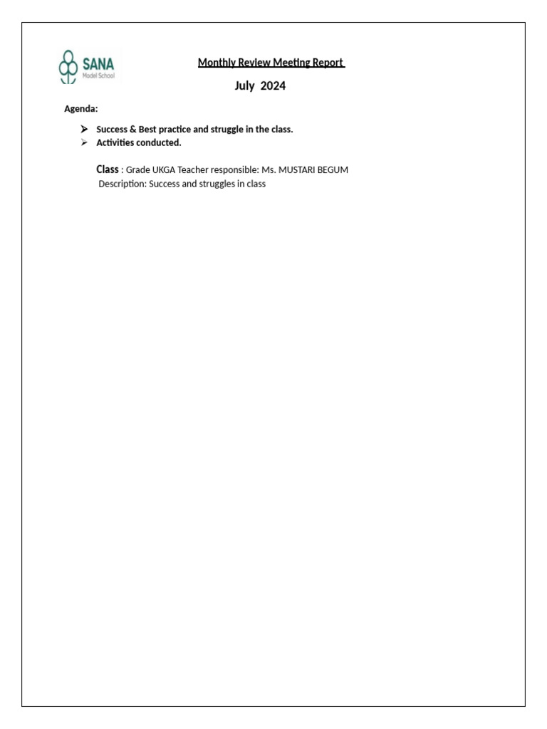 Monthly Review Meeting Report JULY 2024 | PDF