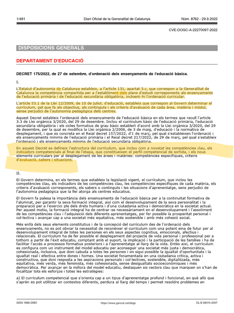 DECRET 175 - 2022, de 27 de Setembre, D'ordenació Dels Ensenyaments de L | PDF