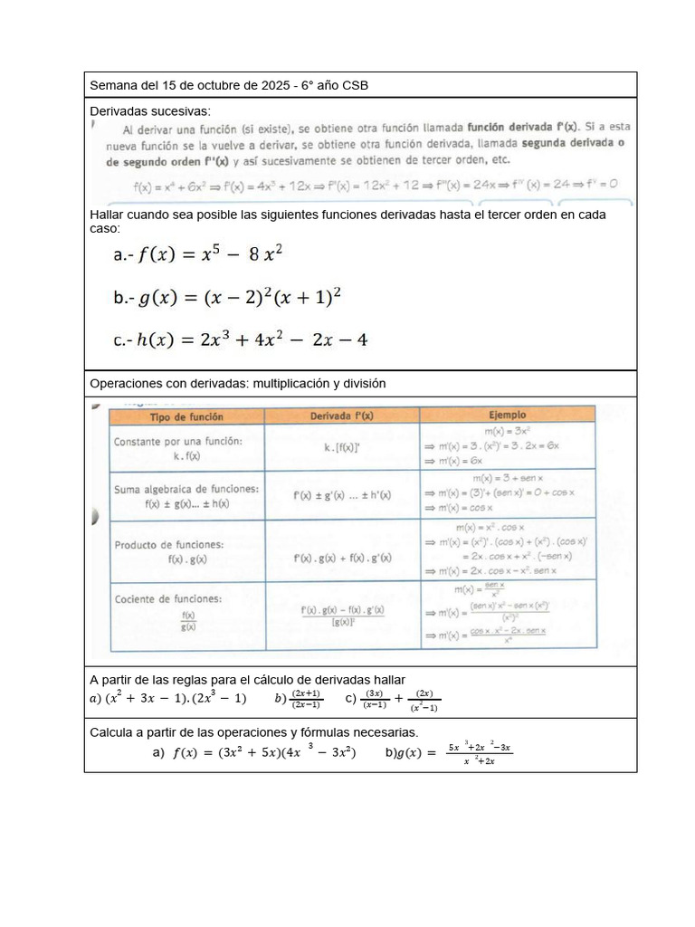 Derivadas Sucesivas y Operaciones 6° CSB | PDF