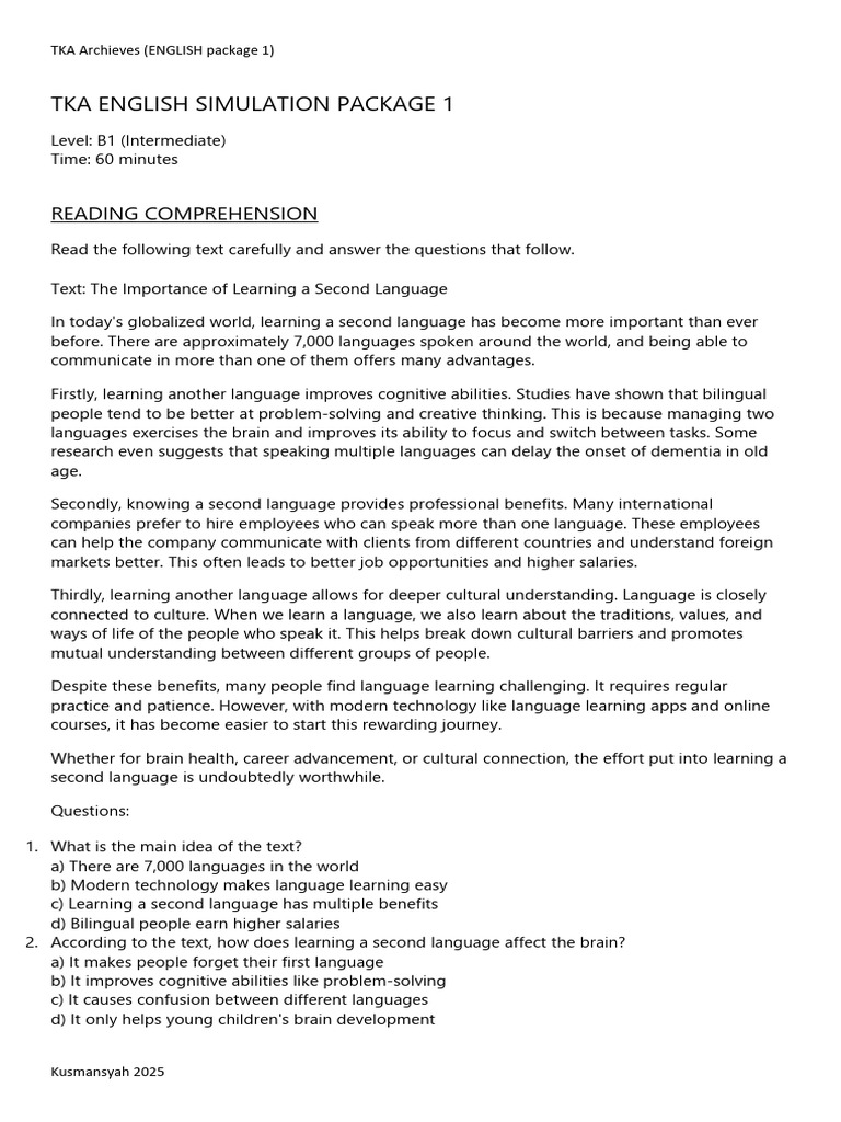 Tka English Simulation Package 1 | PDF | Multilingualism | Second Language