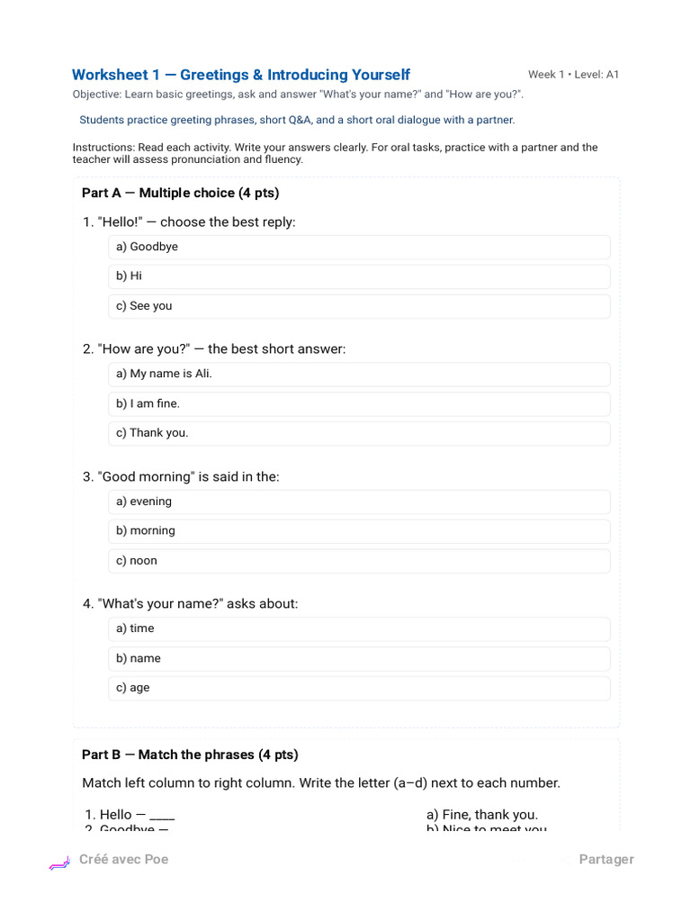 A1 Worksheet: Greetings & Introductions | PDF