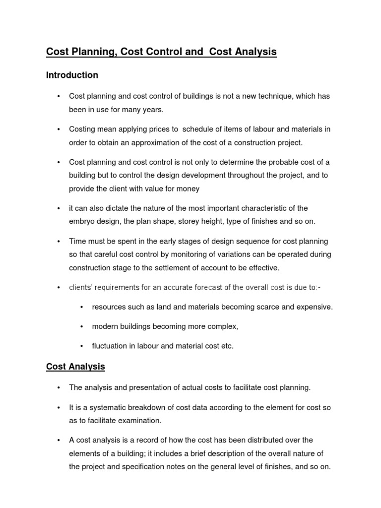 Cost Planning, Cost Control and Cost Analysis | Download Free PDF ...