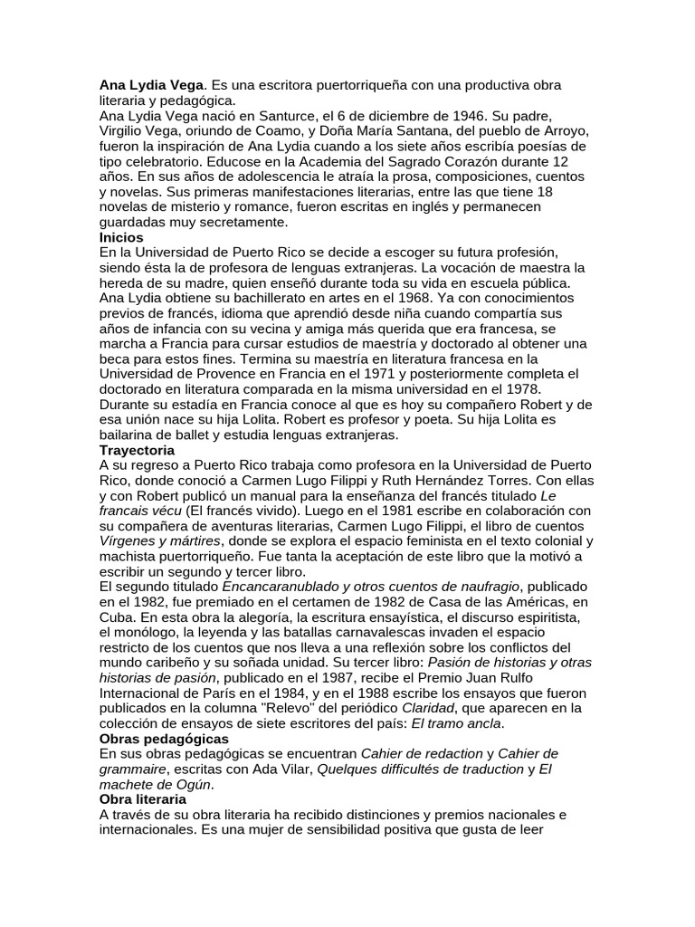 Biografía de Ana Lydia Vega | PDF
